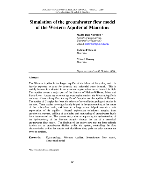 (PDF) Simulation of the groundwater flow model of the Western Aquifer of Mauritius