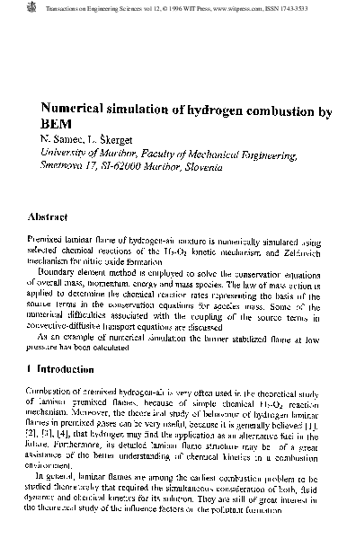 Pdf Numerical Simulation Of Hydrogen Combustion By Bem