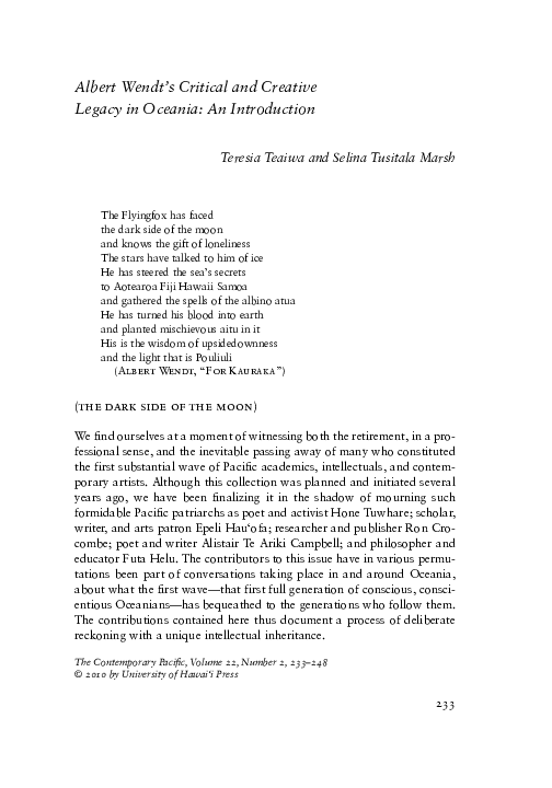 (PDF) Albert Wendt’s Critical and Creative Legacy in Oceania: An ...