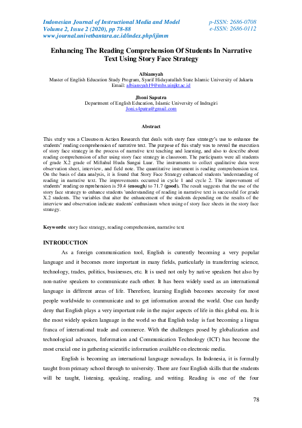 (PDF) Enhancing the Reading Comprehension of Students in Narrative Text Using Story Face Strategy