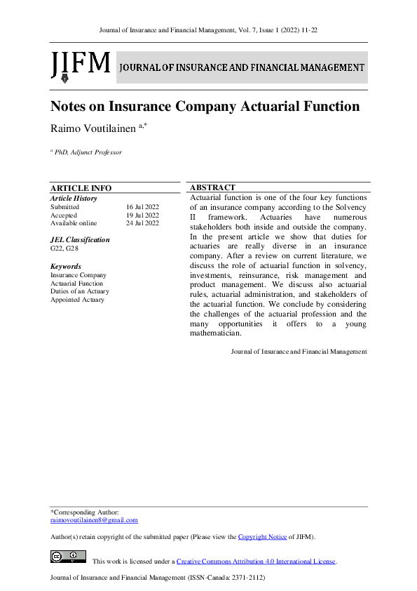 (PDF) Notes on Insurance Company Actuarial Function
