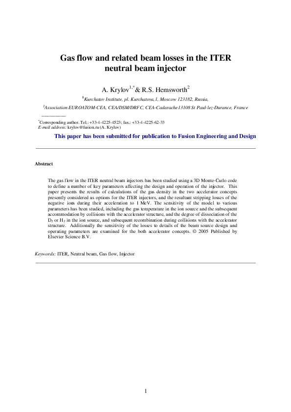 (PDF) Gas flow and related beam losses in the ITER neutral beam injector