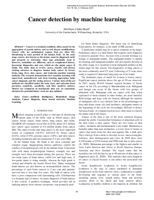 (PDF) Cancer Detection by Machine Learning