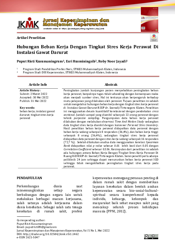 (PDF) Hubungan Beban Kerja Dengan Tingkat Stres Kerja Perawat Di Instalasi Gawat Darurat