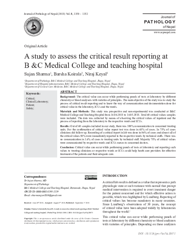 (PDF) A study to assess the critical result reporting at B &C Medical ...