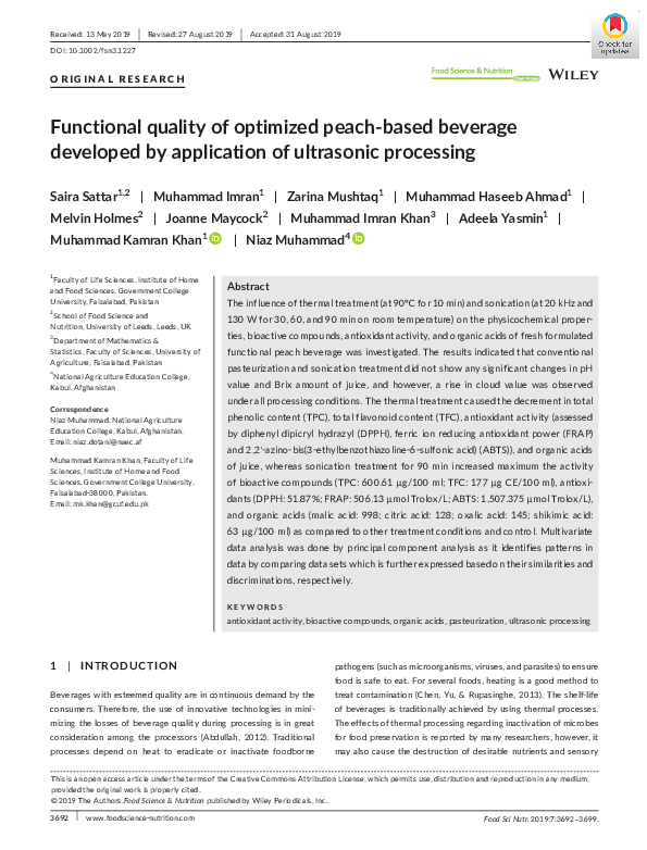 (PDF) Functional quality of optimized peach‐based beverage developed by application of ...