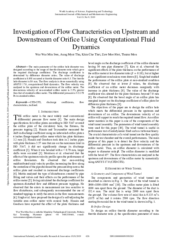 (PDF) Investigation of Flow Characteristics on Upstream and Downstream of Orifice Using ...