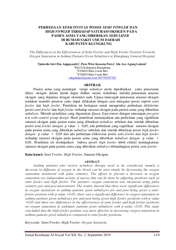 (PDF) Perbedaan Efektivitas Posisi Semi Fowler Dan High Fowler Terhadap Saturasi Oksigen Pada ...