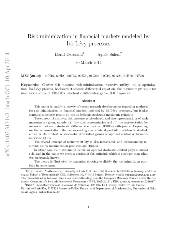 (PDF) Risk minimization in financial markets modeled by Itô-Lévy processes