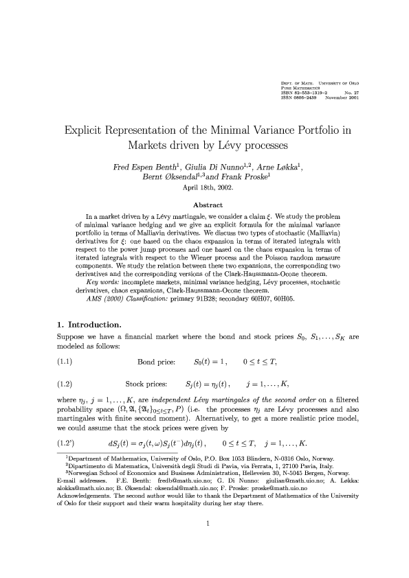 (PDF) Explicit Representation of the Minimal Variance Portfolio in Markets Driven by Levy Processes