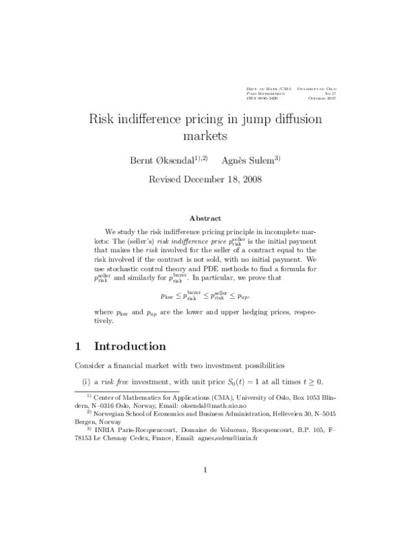 (PDF) Risk Indifference Pricing in Jump Diffusion Markets | Bernt Oksendal - Academia.edu