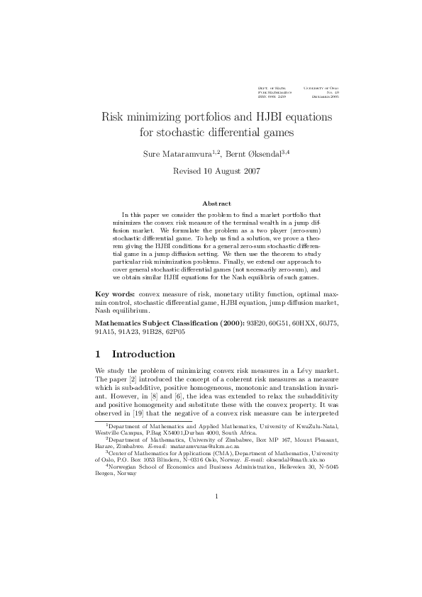 (PDF) Risk minimizing portfolios and HJBI equations for stochastic ...