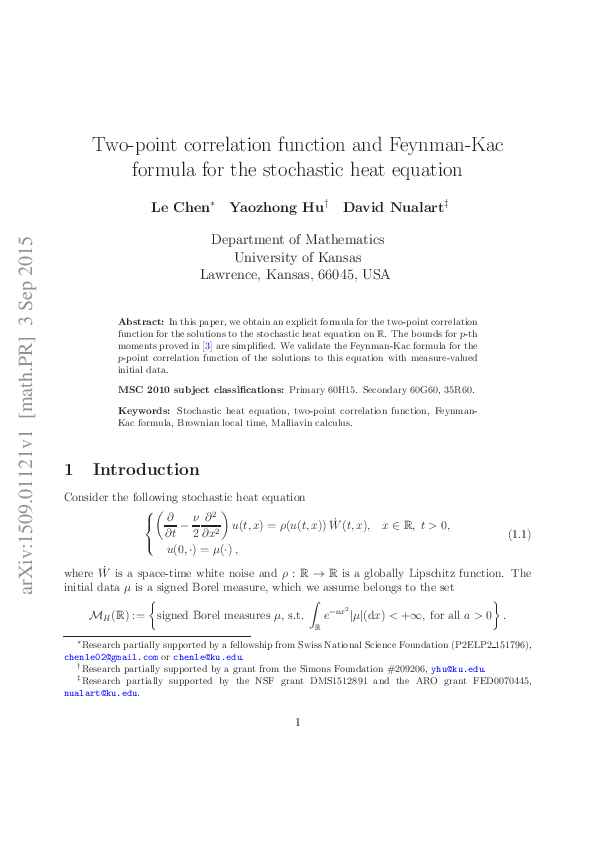 (PDF) Two-point Correlation Function and Feynman-Kac Formula for the Stochastic Heat Equation ...