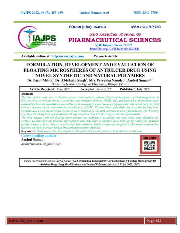 Pdf Formulation Development And Evaluation Of Floating Microspheres Of Antiulcer Drug Using