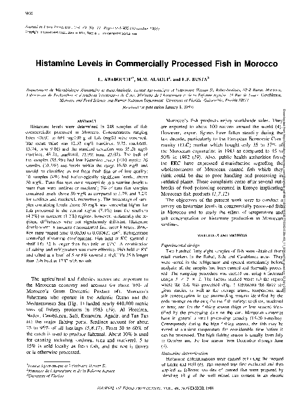 (PDF) Histamine Levels in Commercially Processed Fish in Morocco
