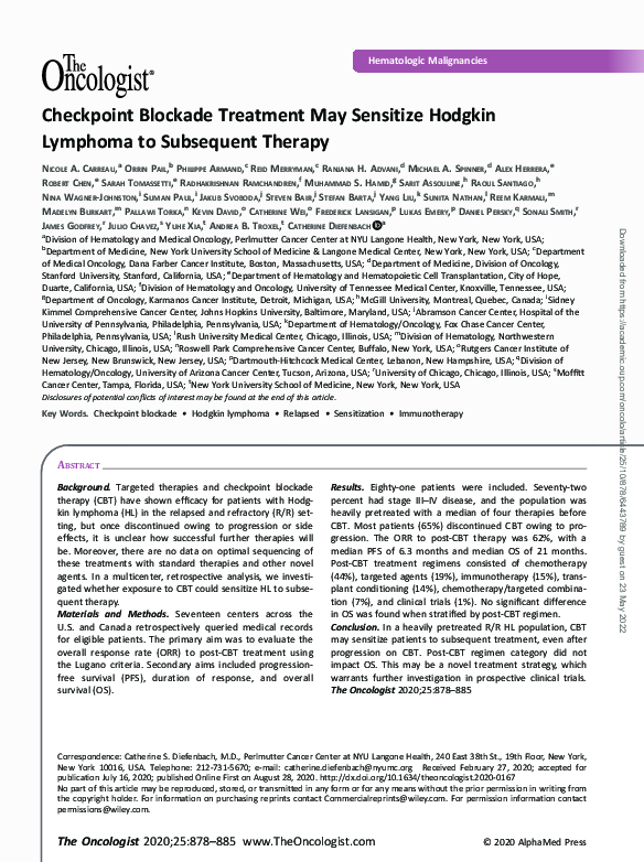 (PDF) Checkpoint Blockade Treatment May Sensitize Hodgkin Lymphoma to ...