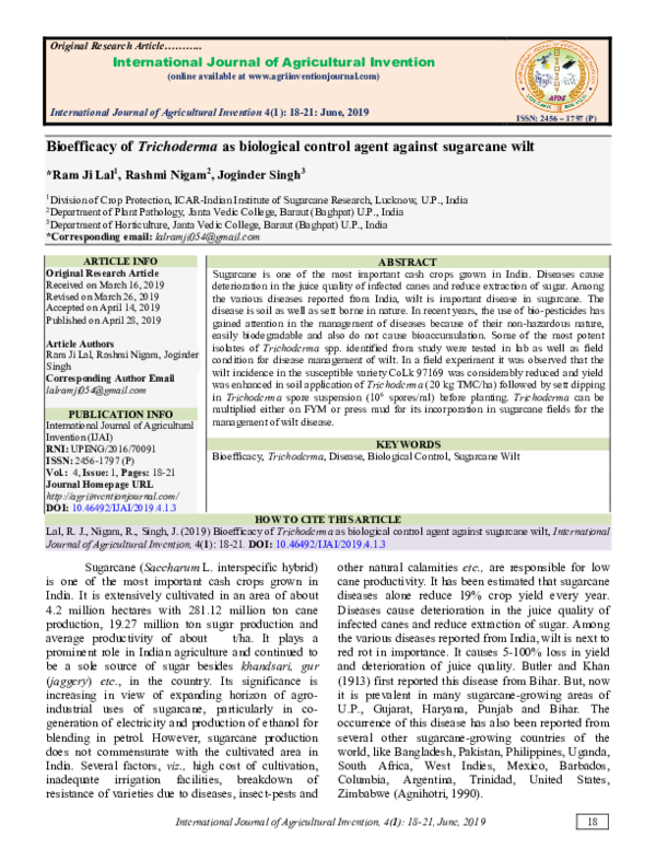 (PDF) Bioefficacy of Trichoderma as biological control agent against sugarcane wilt