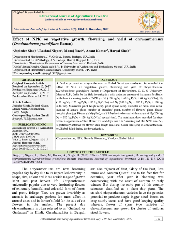 Pdf Effect Of Npk On Vegetative Growth Flowering And Yield Of Chrysanthemum Dendranthema