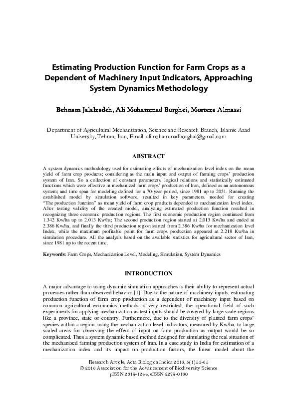 (PDF) Estimating Production Function for Farm Crops of Iran as a Dependent of Machinery Input ...