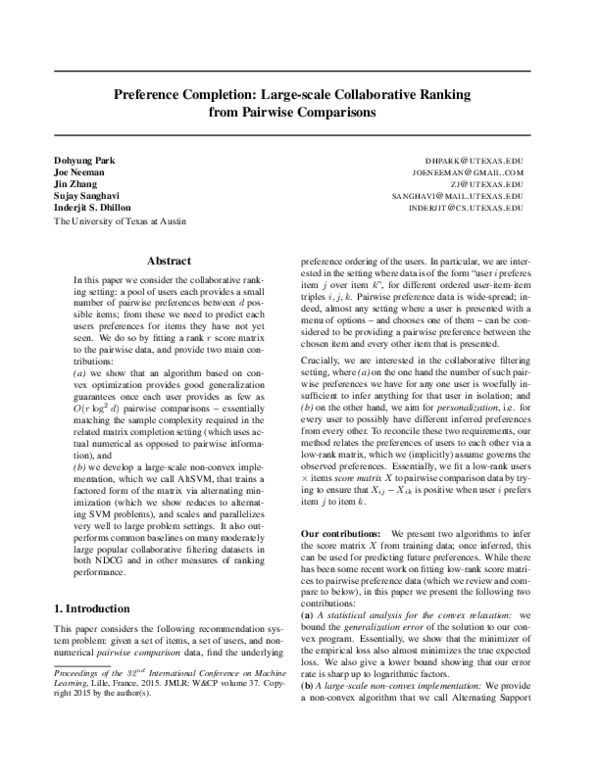 (PDF) Preference Completion: Large-scale Collaborative Ranking from Pairwise Comparisons