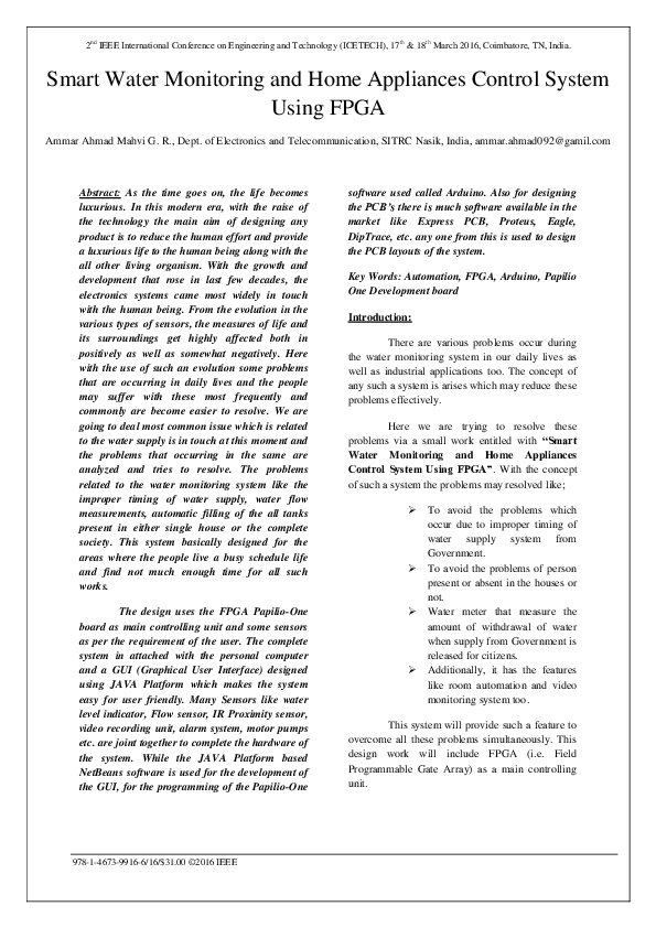 (PDF) Smart Water Monitoring and Home Appliances Control System Using FPGA