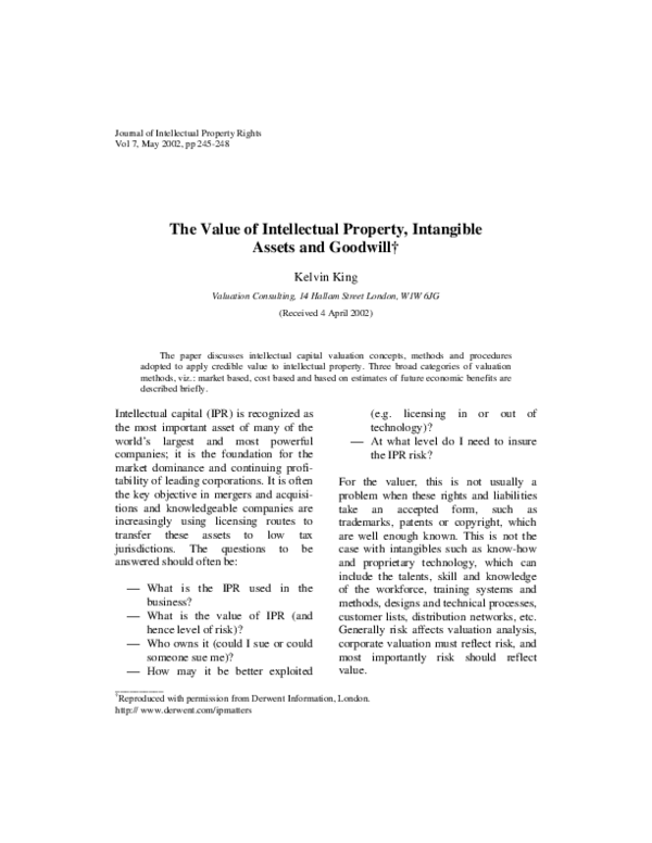 (PDF) The Value of Intellectual Property, Intangible Assets and Goodwill