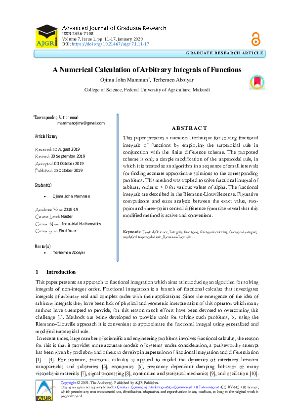 Pdf A Numerical Calculation Of Arbitrary Integrals Of Functions Terhemen Aboiyar