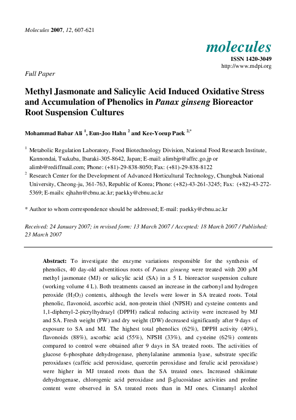 (PDF) Methyl Jasmonate and Salicylic Acid Induced Oxidative Stress and Accumulation of Phenolics ...