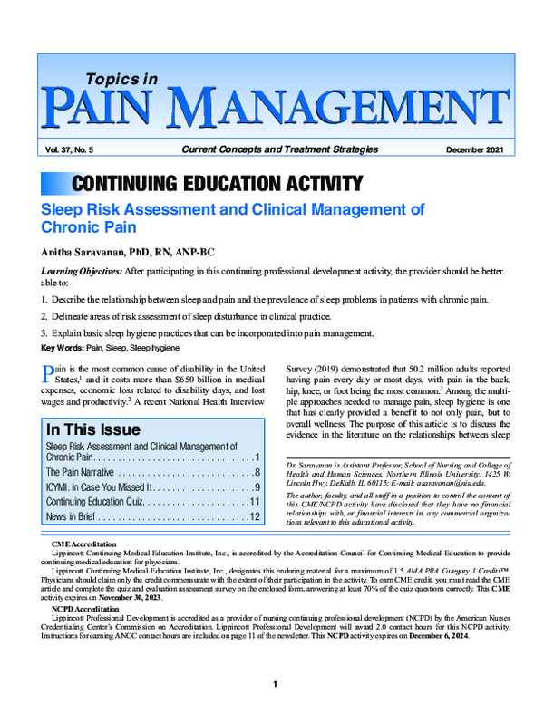 (PDF) Sleep Risk Assessment and Clinical Management of Chronic Pain