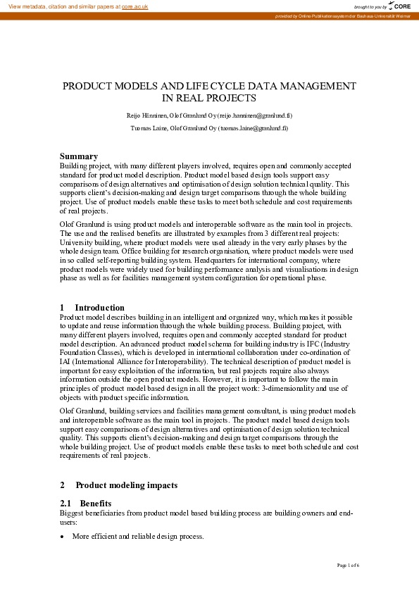 (PDF) Product Models and Life Cycle Data Management in real Projects