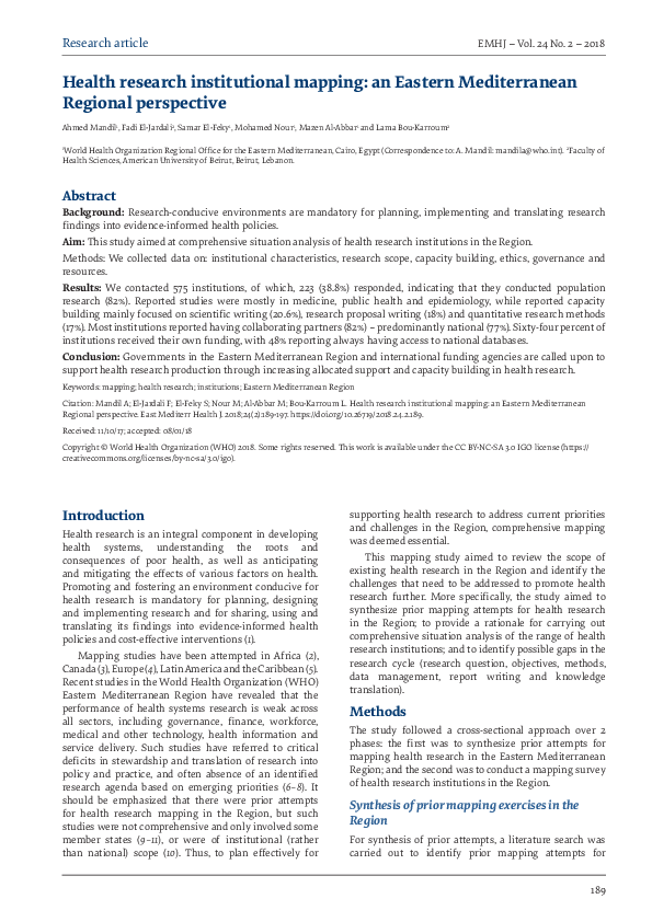 (PDF) Health research institutional mapping: an Eastern Mediterranean ...