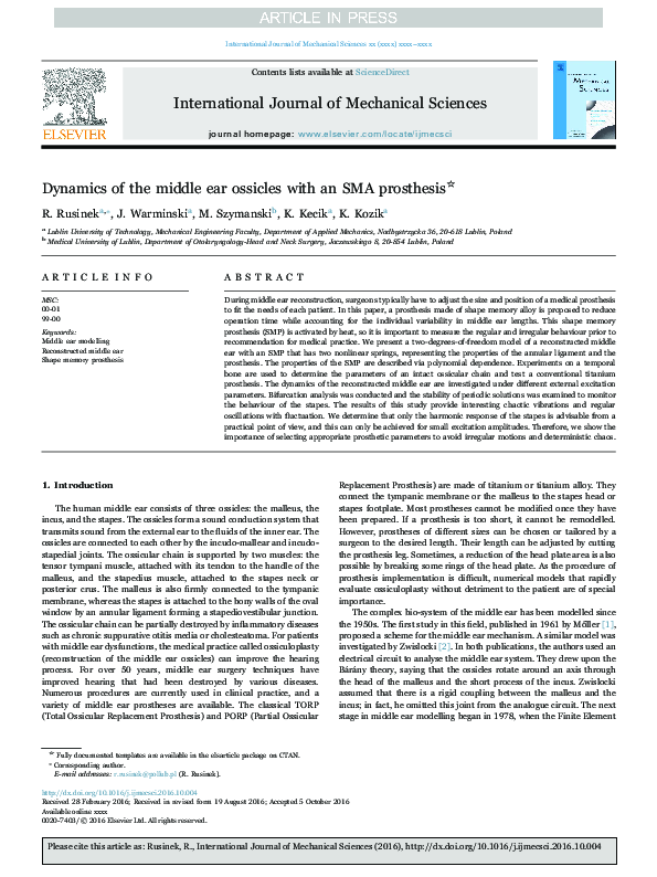 (PDF) Dynamics of the middle ear ossicles with an SMA prosthesis