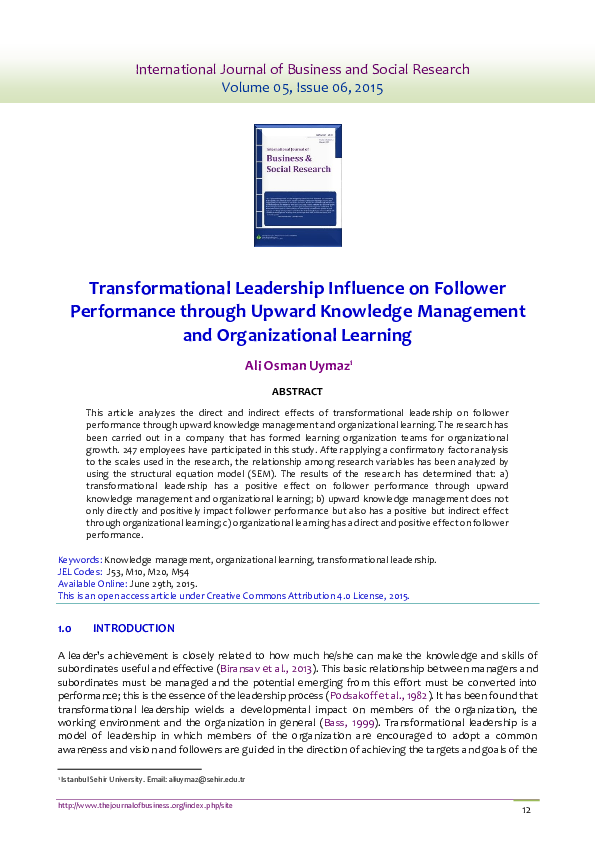 (PDF) Transformational Leadership Influence on Follower Performance through Upward Knowledge ...