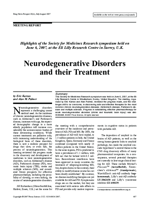 (PDF) Neurodegenerative disorders and their treatment