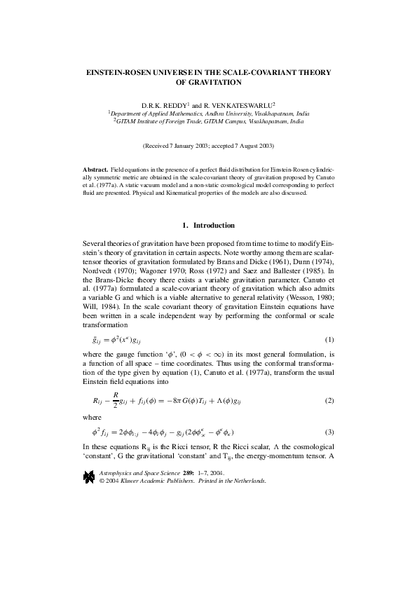 (PDF) Einstein-Rosen Universe in the Scale-Covariant Theory of Gravitation