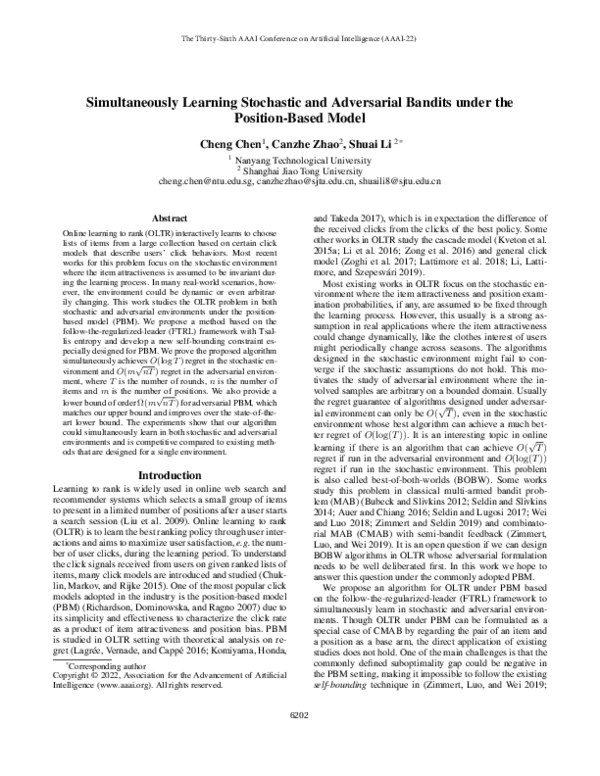 (PDF) Simultaneously Learning Stochastic and Adversarial Bandits under the Position-Based Model