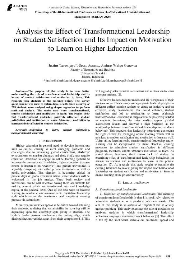 (PDF) Analysis the Effect of Transformational Leadership on Student Satisfaction and Its Impact ...