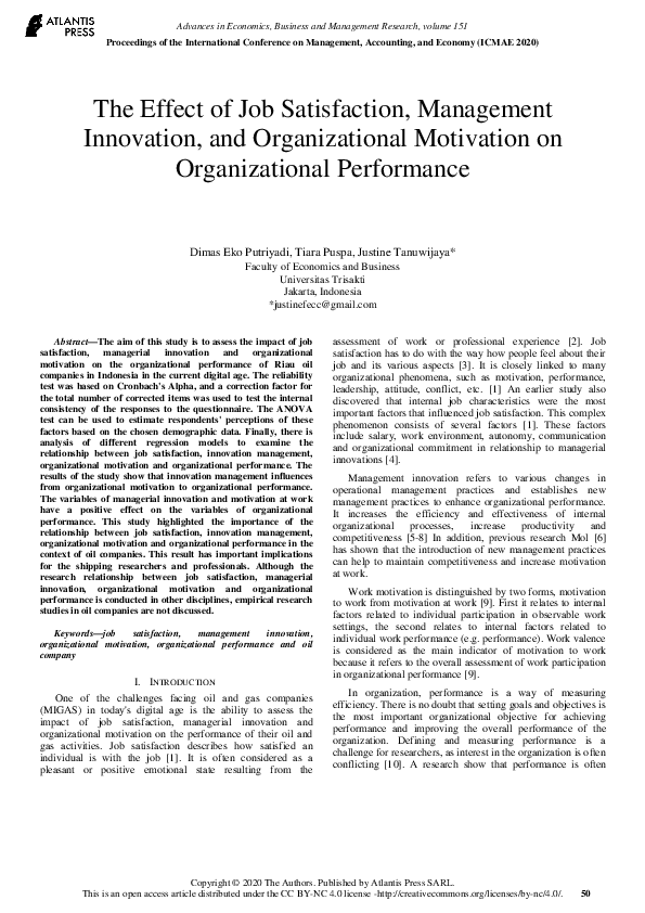 (PDF) The Effect of Job Satisfaction, Management Innovation, and Organizational Motivation on ...