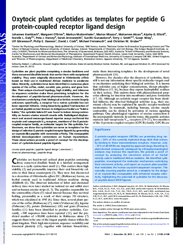 (PDF) Oxytocic plant cyclotides as templates for peptide G protein ...