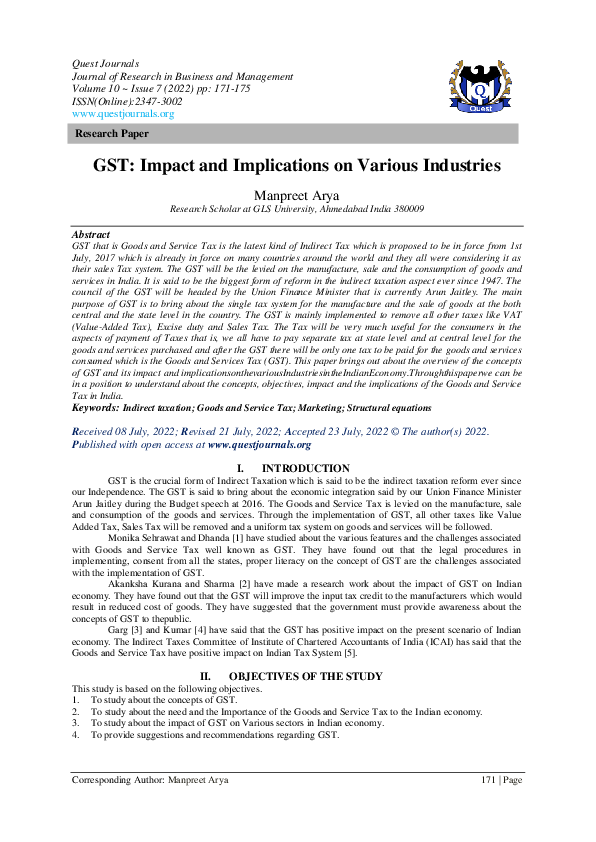 (PDF) GST: Impact and Implications on Various Industries