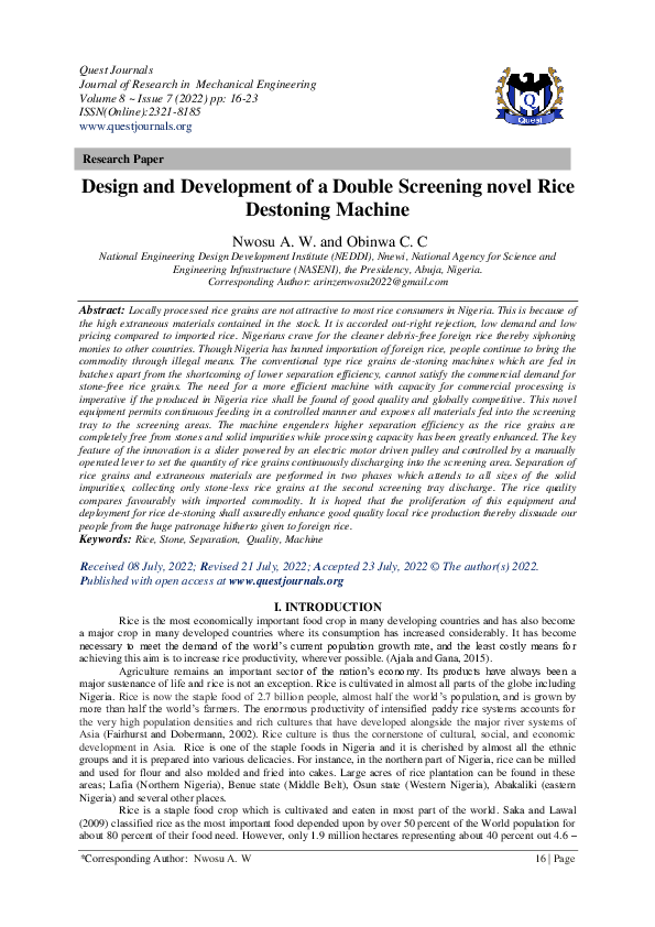 (PDF) Design and Development of a Double Screening novel Rice Destoning ...