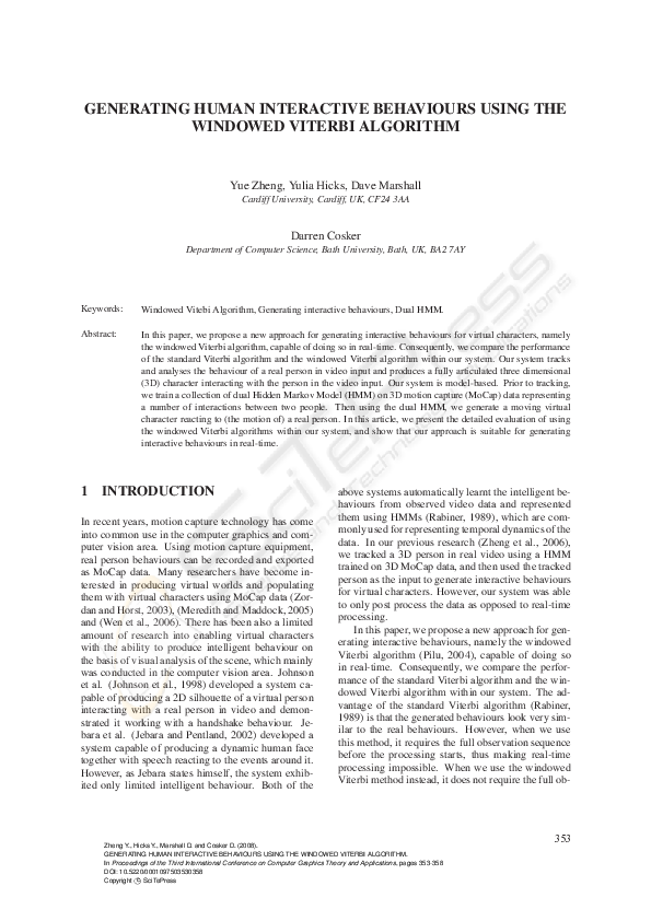 (PDF) Generating Human Interactive Behaviours Using the Windowed Viterbi Algorithm
