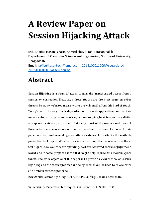 (PDF) A Review Paper on Session Hijacking Attack