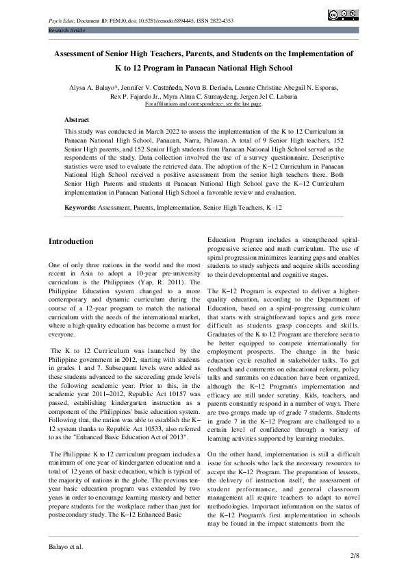(PDF) Assessment of Senior High Teachers, Parents, and Students on the Implementation of K to 12 ...