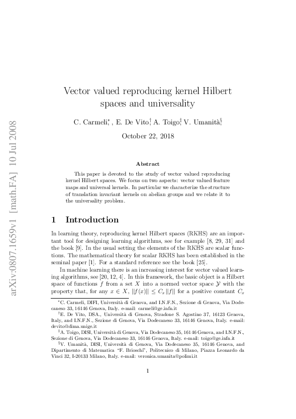 (PDF) Vector Valued Reproducing Kernel Hilbert Spaces and Universality