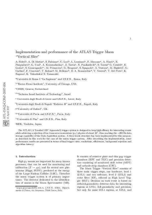 (PDF) Implementation and performance of the ATLAS Trigger Muon “Vertical Slice”