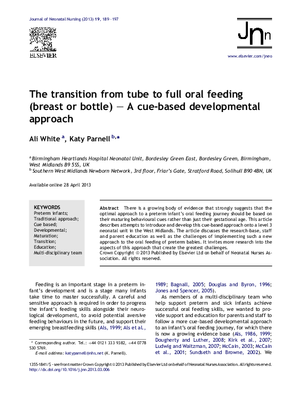 (PDF) The transition from tube to full oral feeding (breast or bottle ...