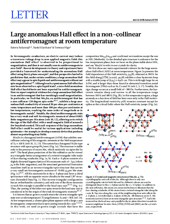 (PDF) Large anomalous Hall effect in a non-collinear antiferromagnet at room temperature