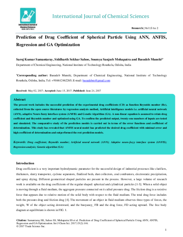 (PDF) Prediction of Drag Coefficient of Spherical Particle Using ANN, ANFIS, Regression and GA ...