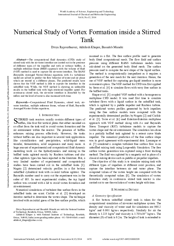 (PDF) Numerical Study Of Vortex Formation Inside A Stirred Tank